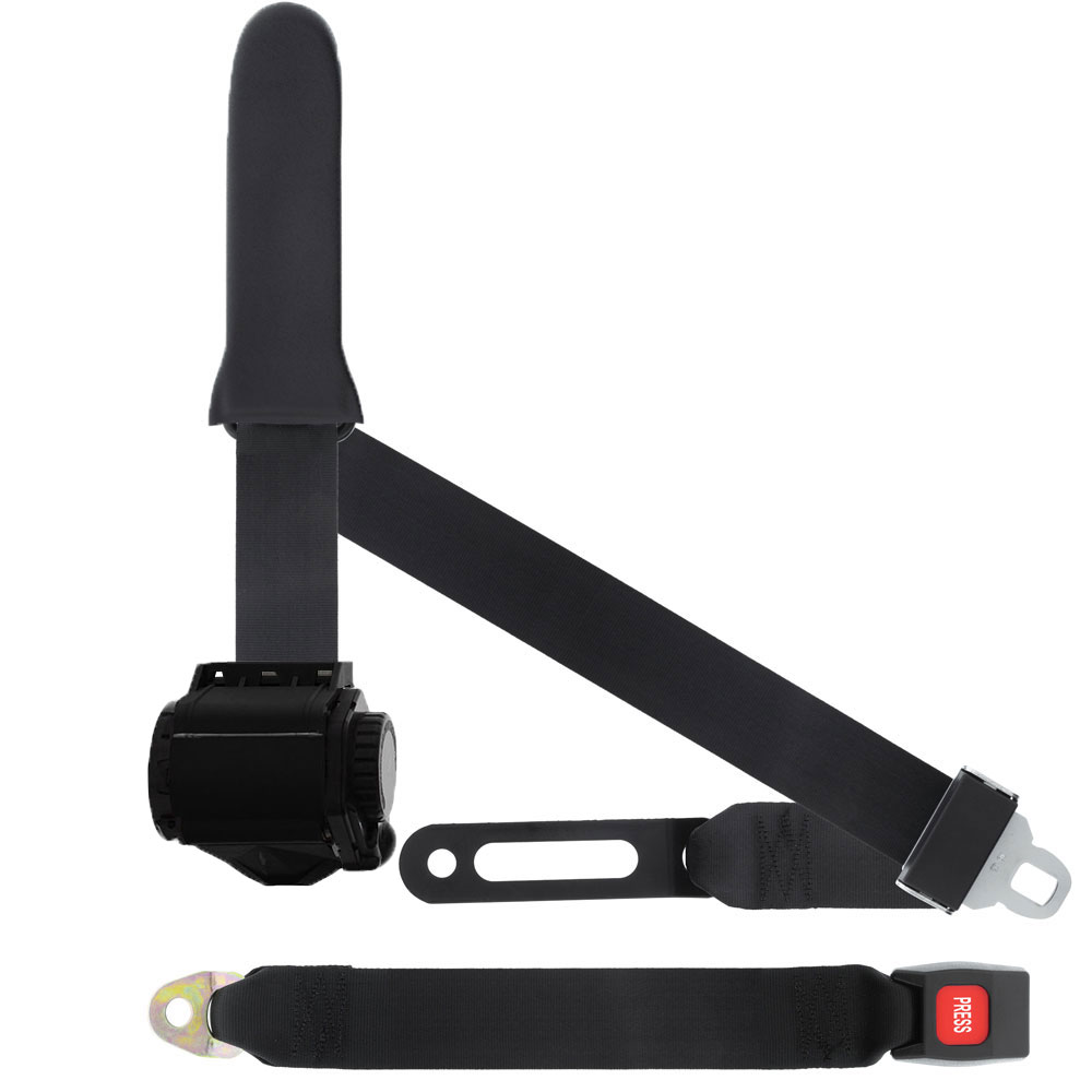 3 Point Seat Belt, Plastic Push Button, Soft Sash, Black